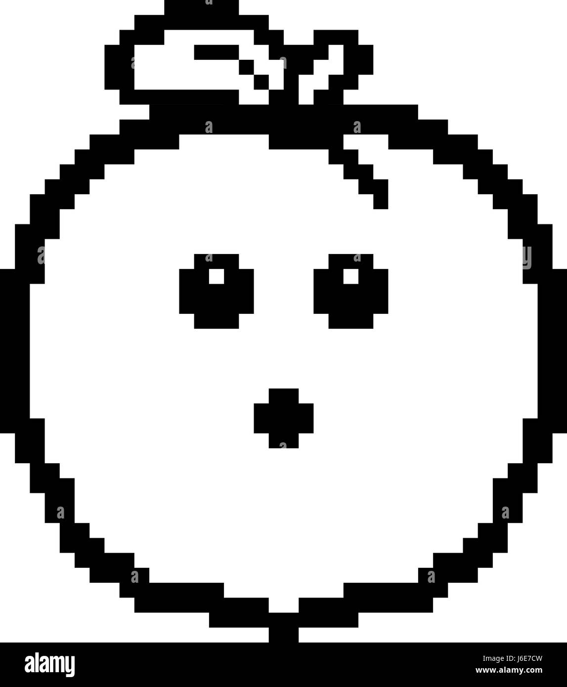 An illustration of a peach looking surprised in an 8-bit cartoon style ...