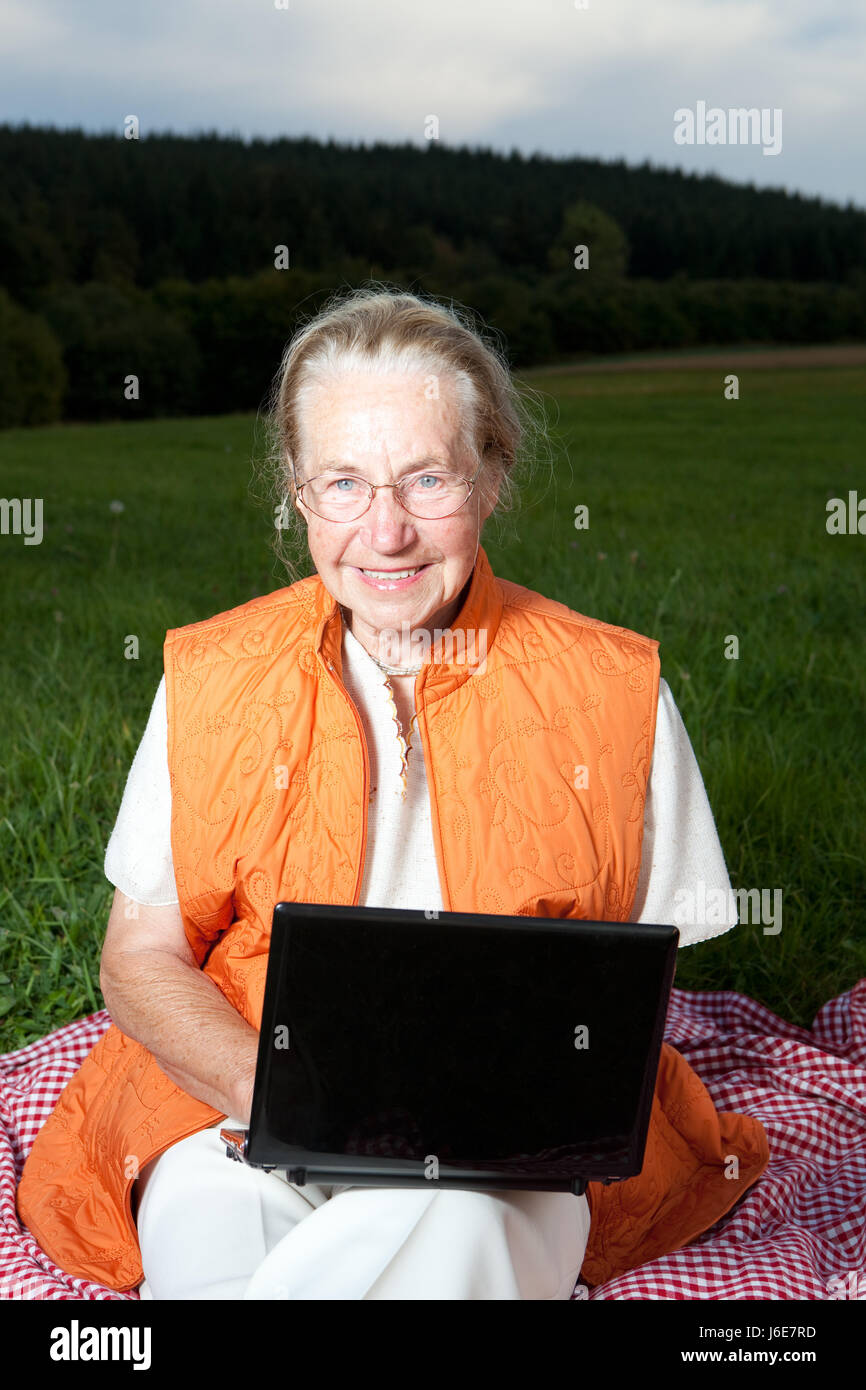 woman laptop notebook computers computer modern modernity grandmother ...