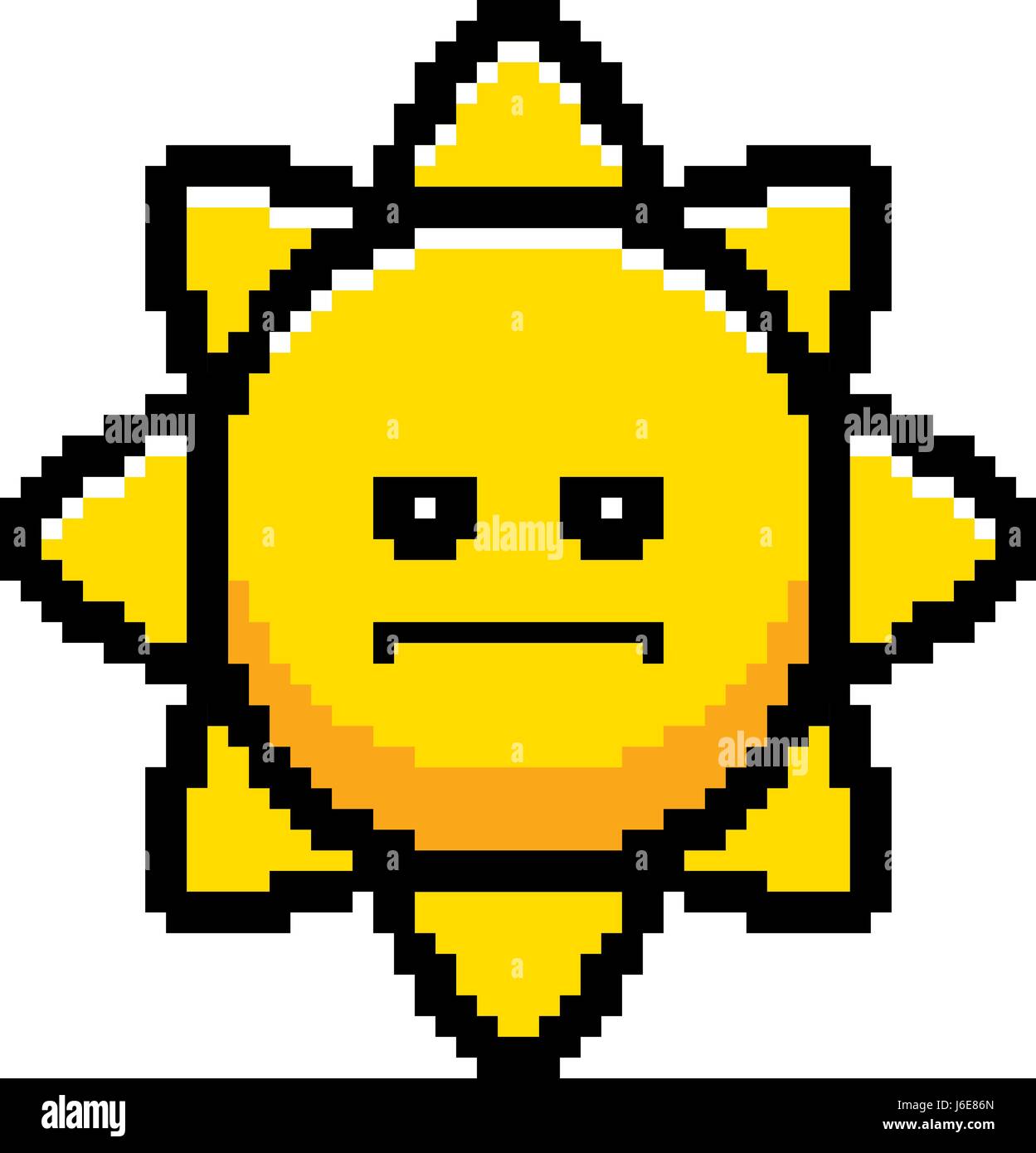 An illustration of the sun looking serious in an 8-bit cartoon style ...