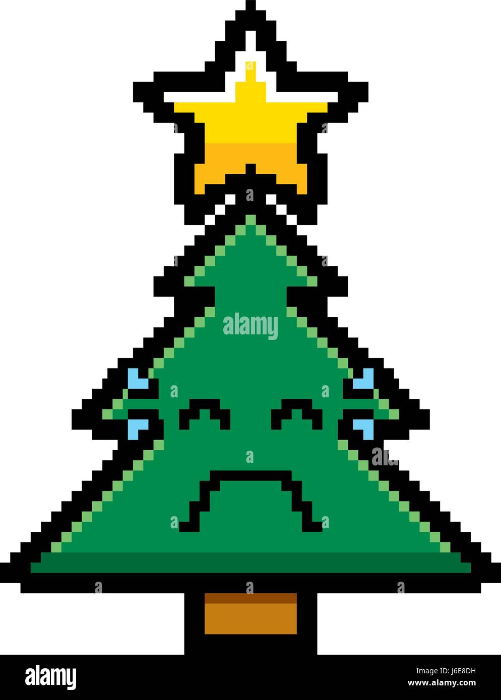 An illustration of a Christmas tree crying in an 8-bit cartoon style ...