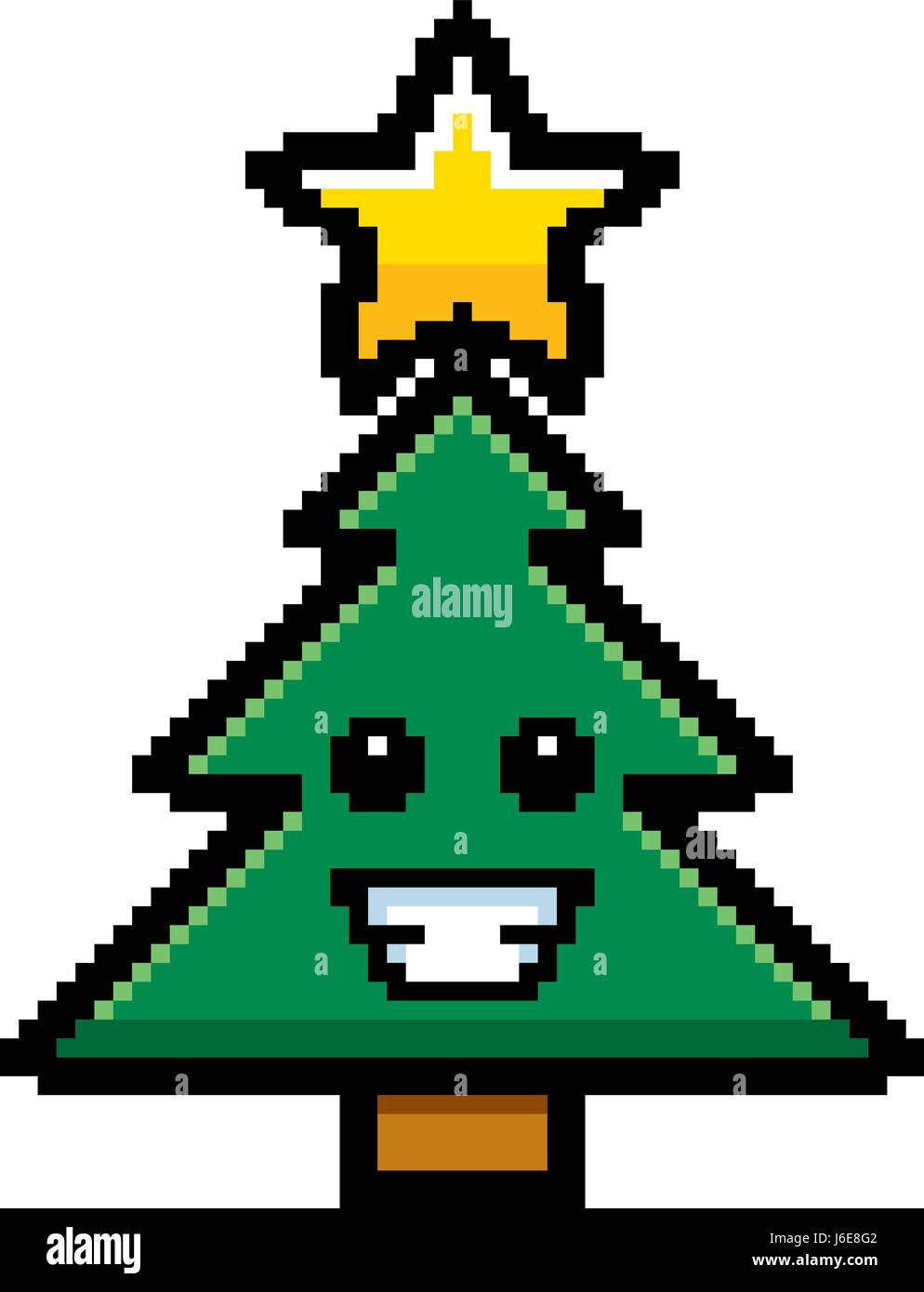 An illustration of a Christmas tree smiling in an 8-bit cartoon style ...