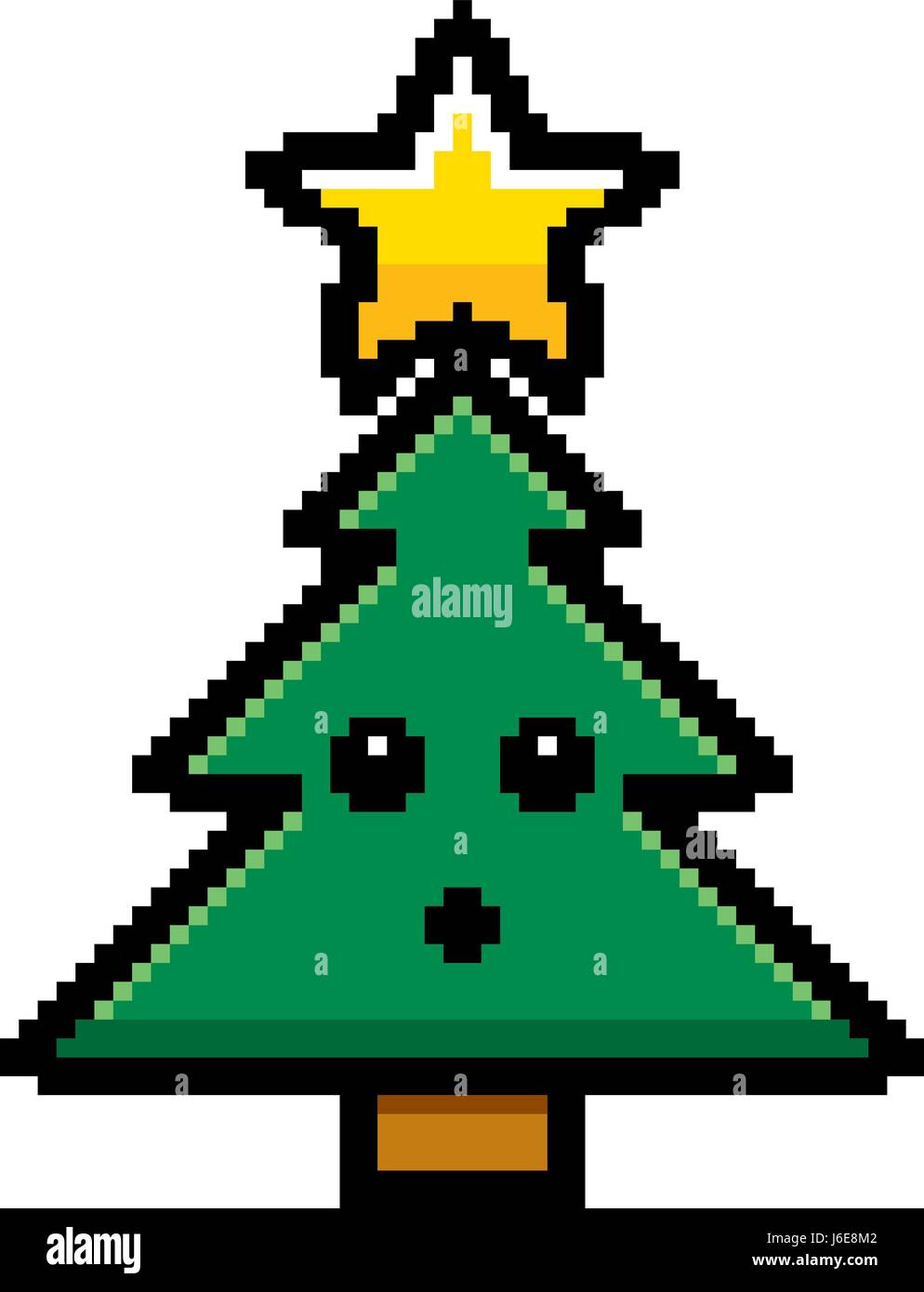 An illustration of a Christmas tree looking surprised in an 8-bit ...