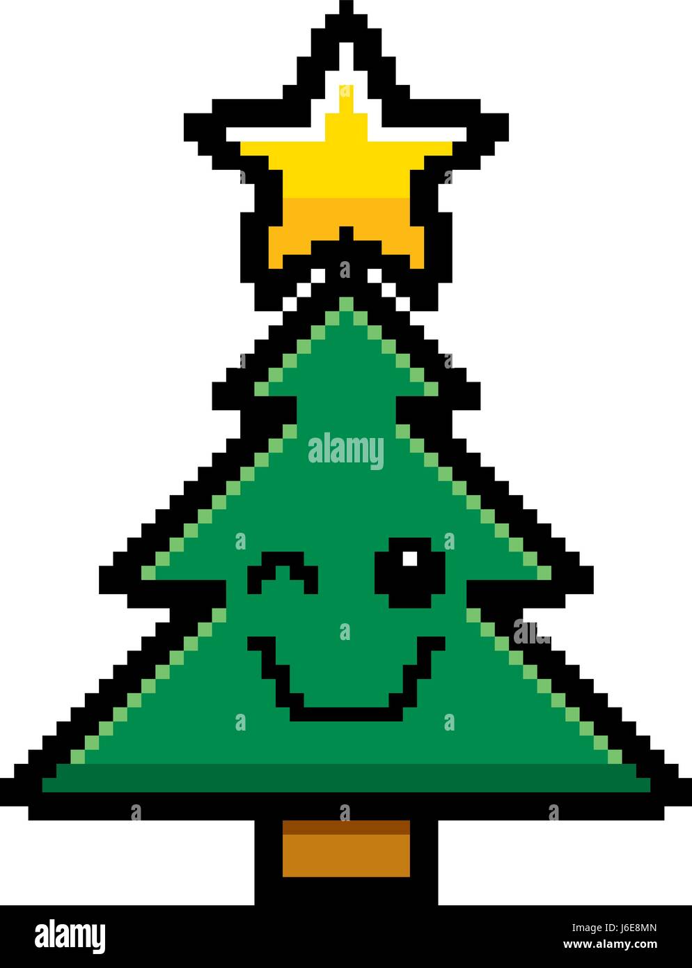 An illustration of a Christmas tree winking in an 8-bit cartoon style ...