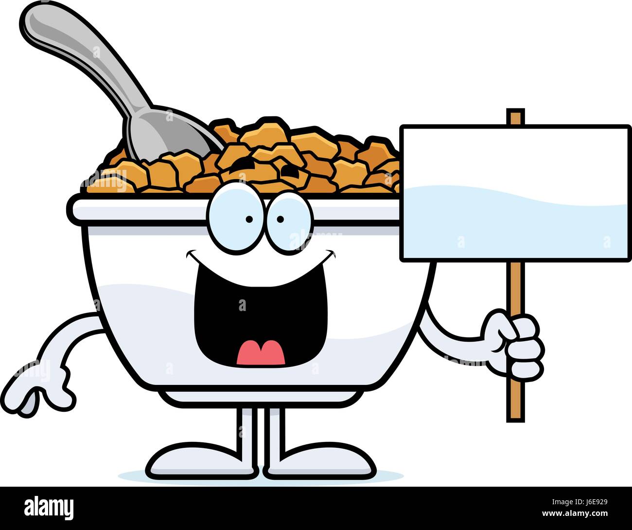 A cartoon illustration of a bowl of cereal holding a sign Stock Vector ...