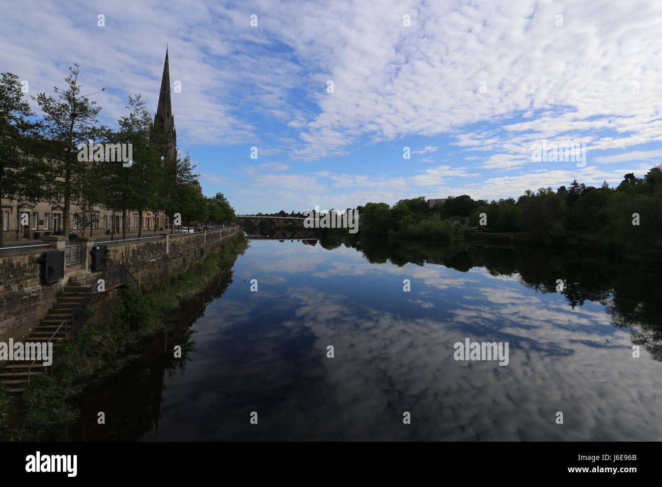 Perth waterfront reflected in River Tay Scotland May 2017 Stock Photo ...