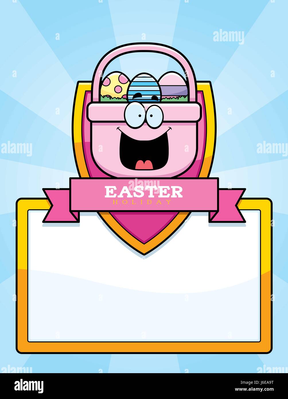 A cartoon illustration of an Easter basket in an Easter themed graphic ...
