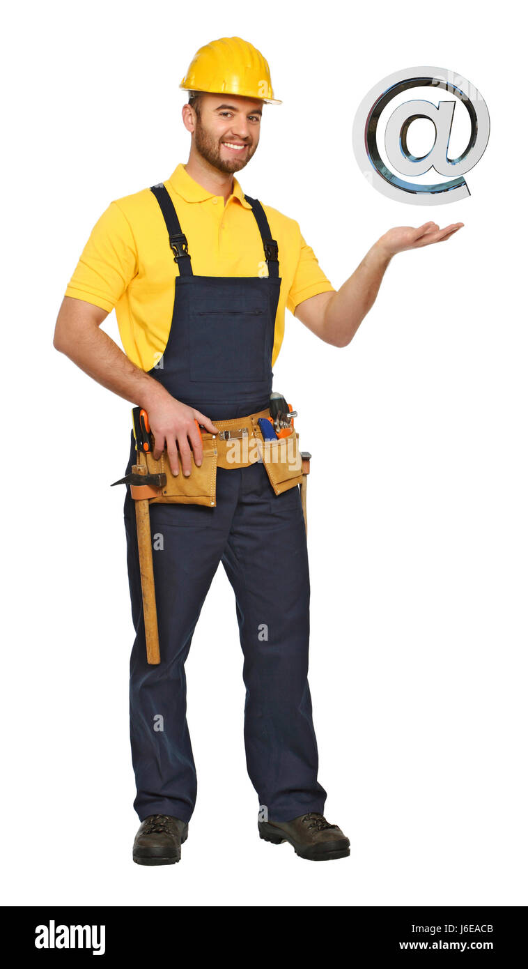 carpenter handyman man blue laugh laughs laughing twit giggle smile ...