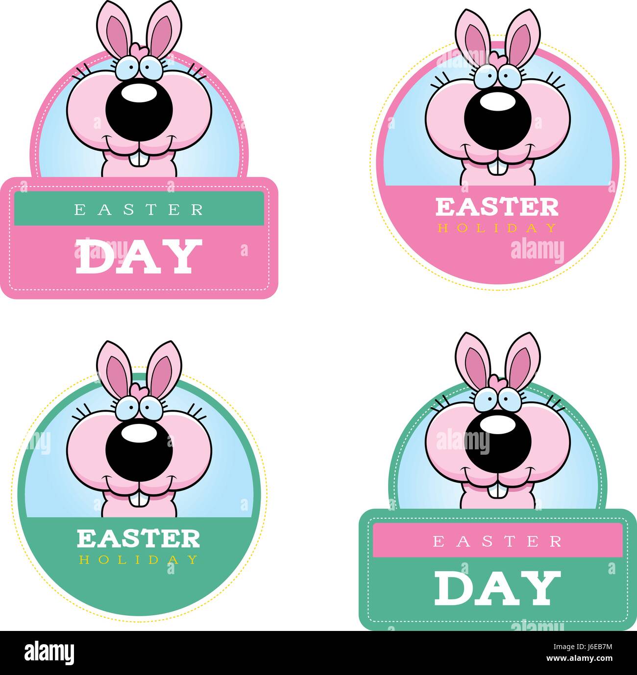 A cartoon illustration of the Easter Bunny in an Easter themed graphic ...