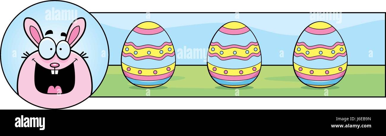 A cartoon illustration of the Easter Bunny in an Easter themed graphic ...