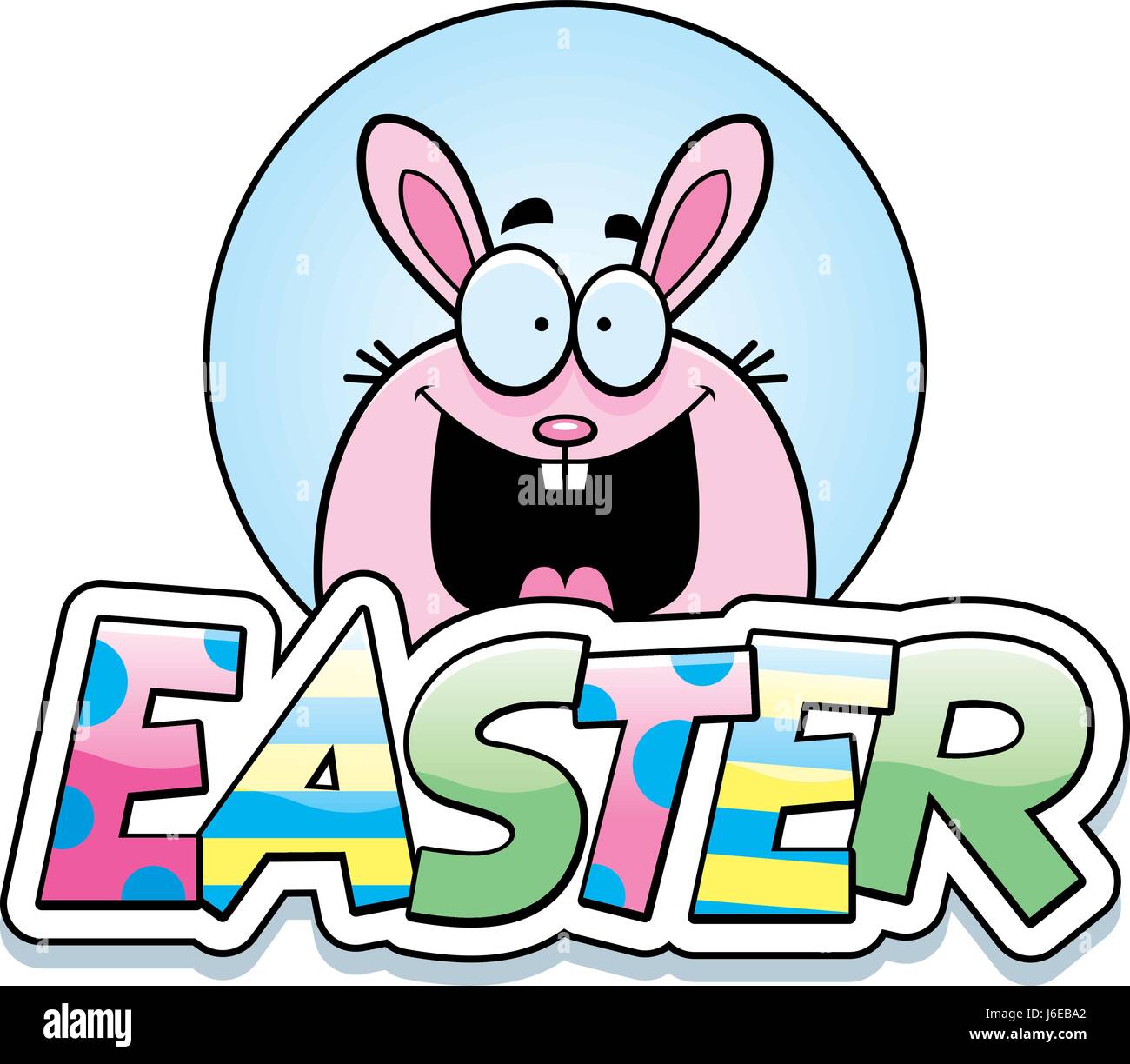 A cartoon illustration of the Easter Bunny in an Easter themed graphic ...