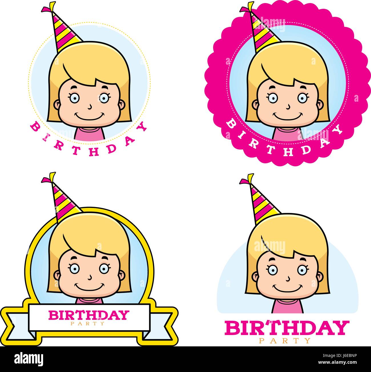 A cartoon illustration of a girl with a birthday themed graphic Stock ...