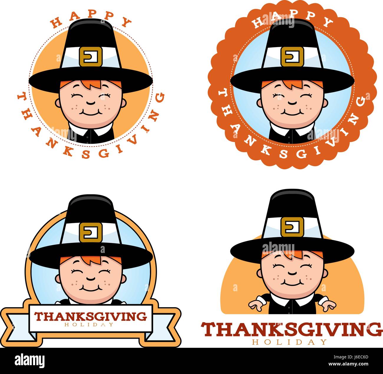 A cartoon illustration of a Thanksgiving graphic with a Pilgrim boy ...