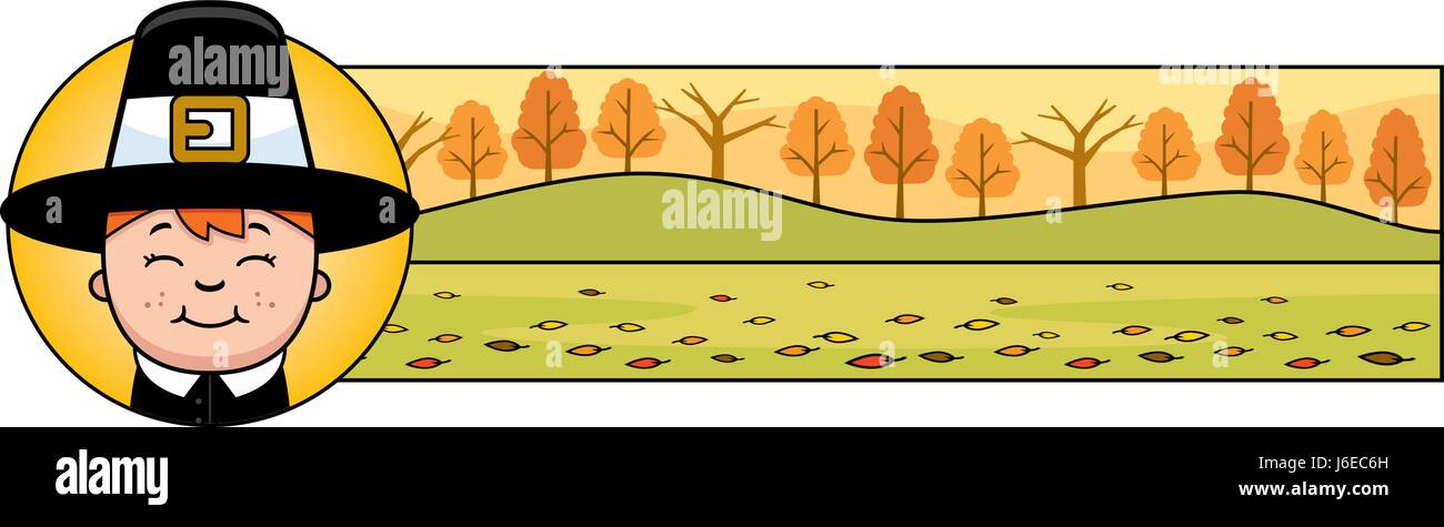 A cartoon illustration of a Thanksgiving graphic with a Pilgrim boy ...