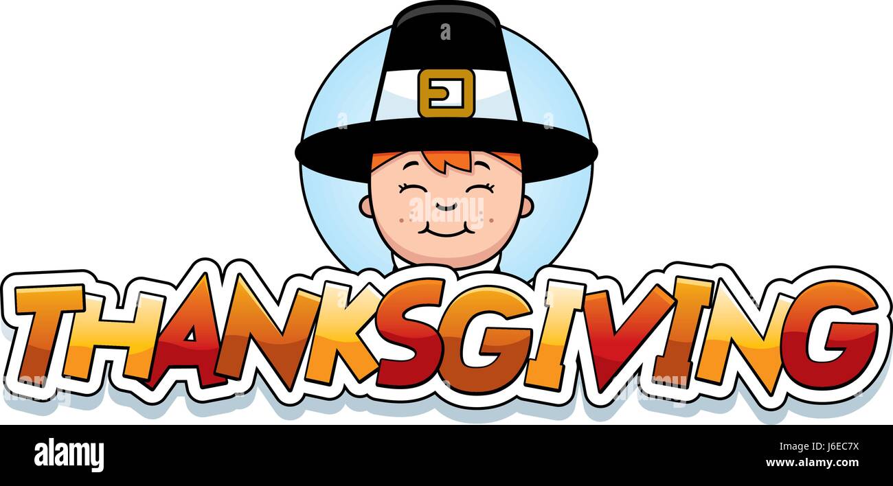A cartoon illustration of a Thanksgiving graphic with a Pilgrim boy ...