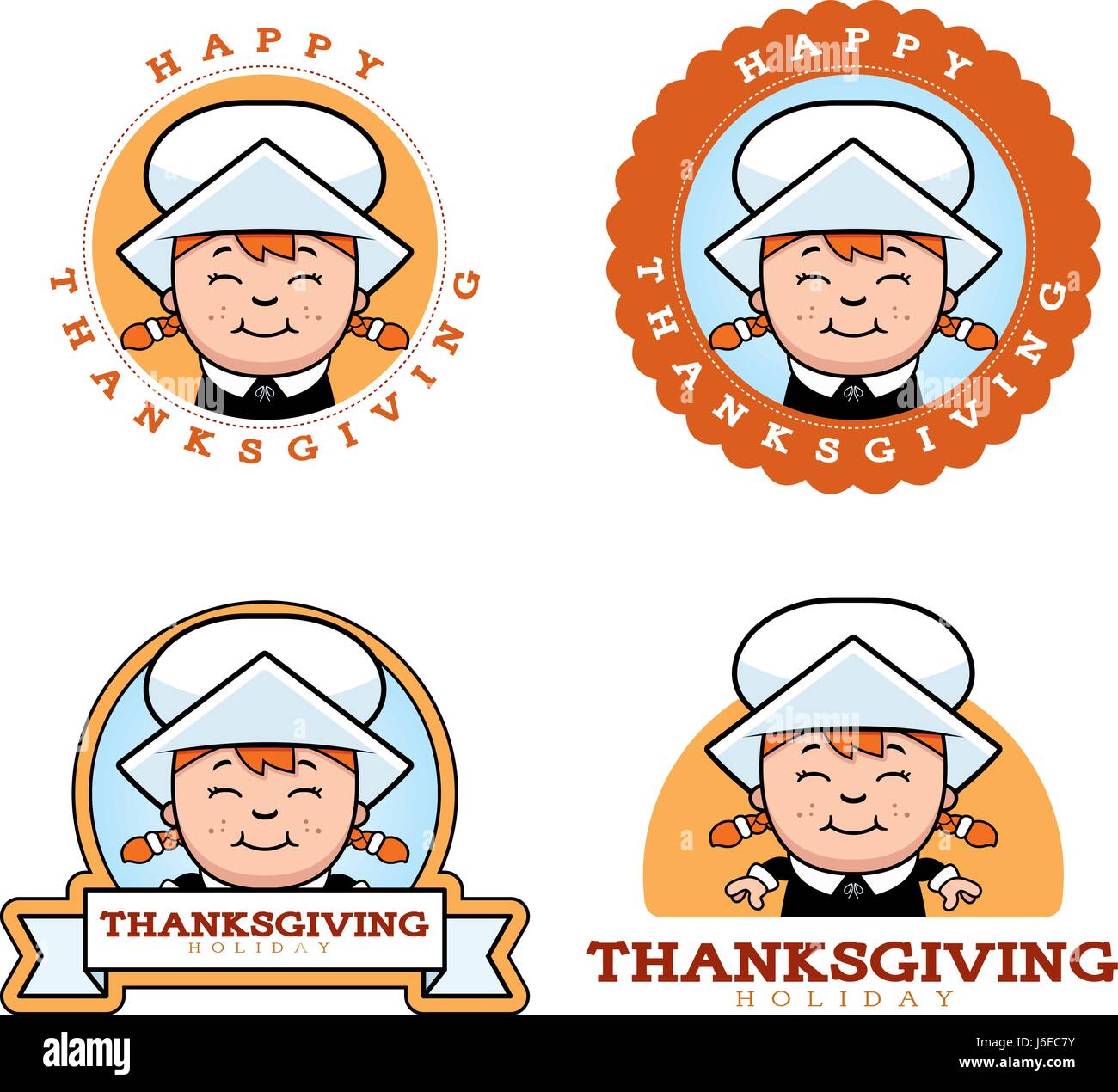 A cartoon illustration of a Thanksgiving graphic with a Pilgrim girl ...