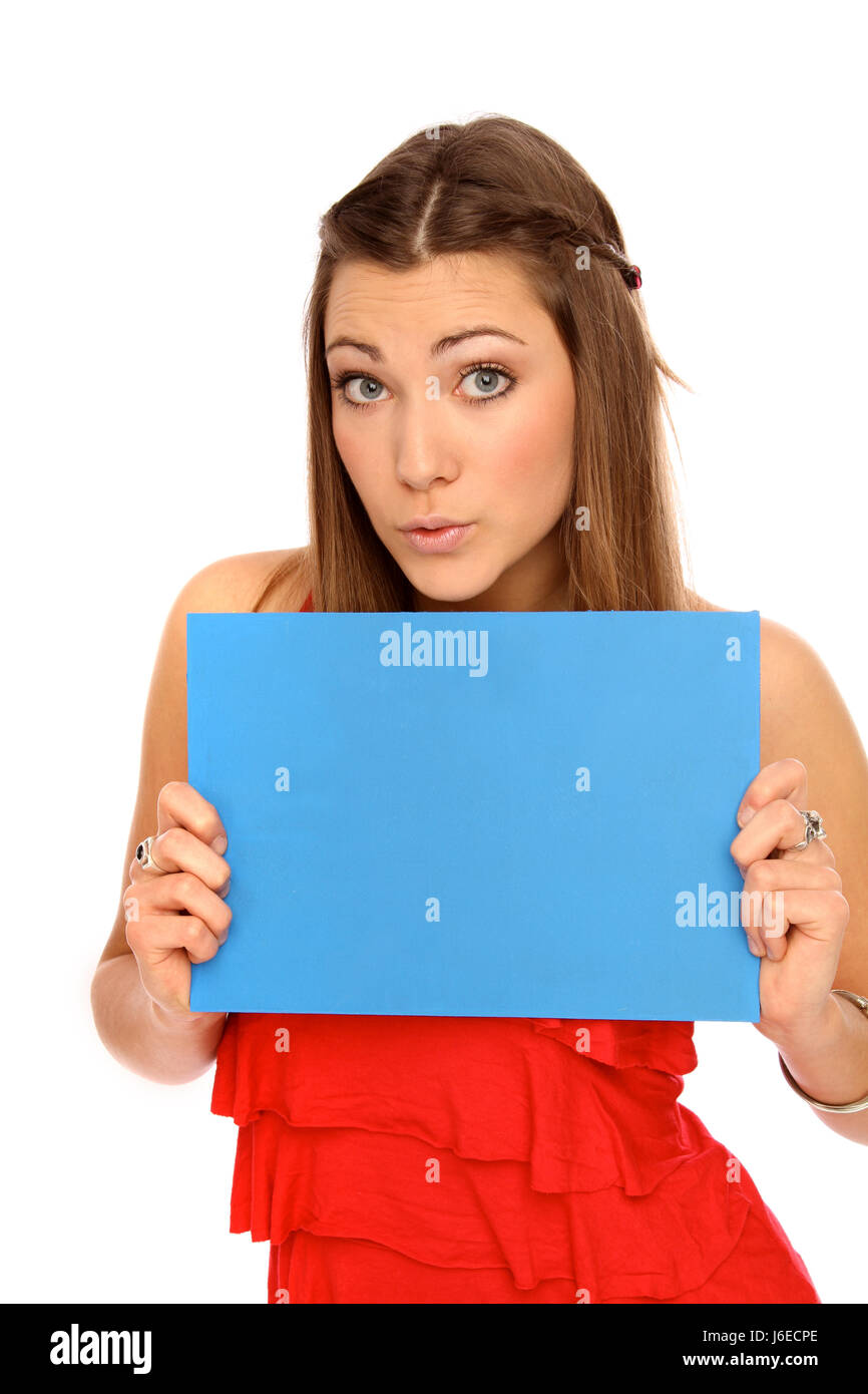 woman sign signal blue standing offer red girl girls publicity ...