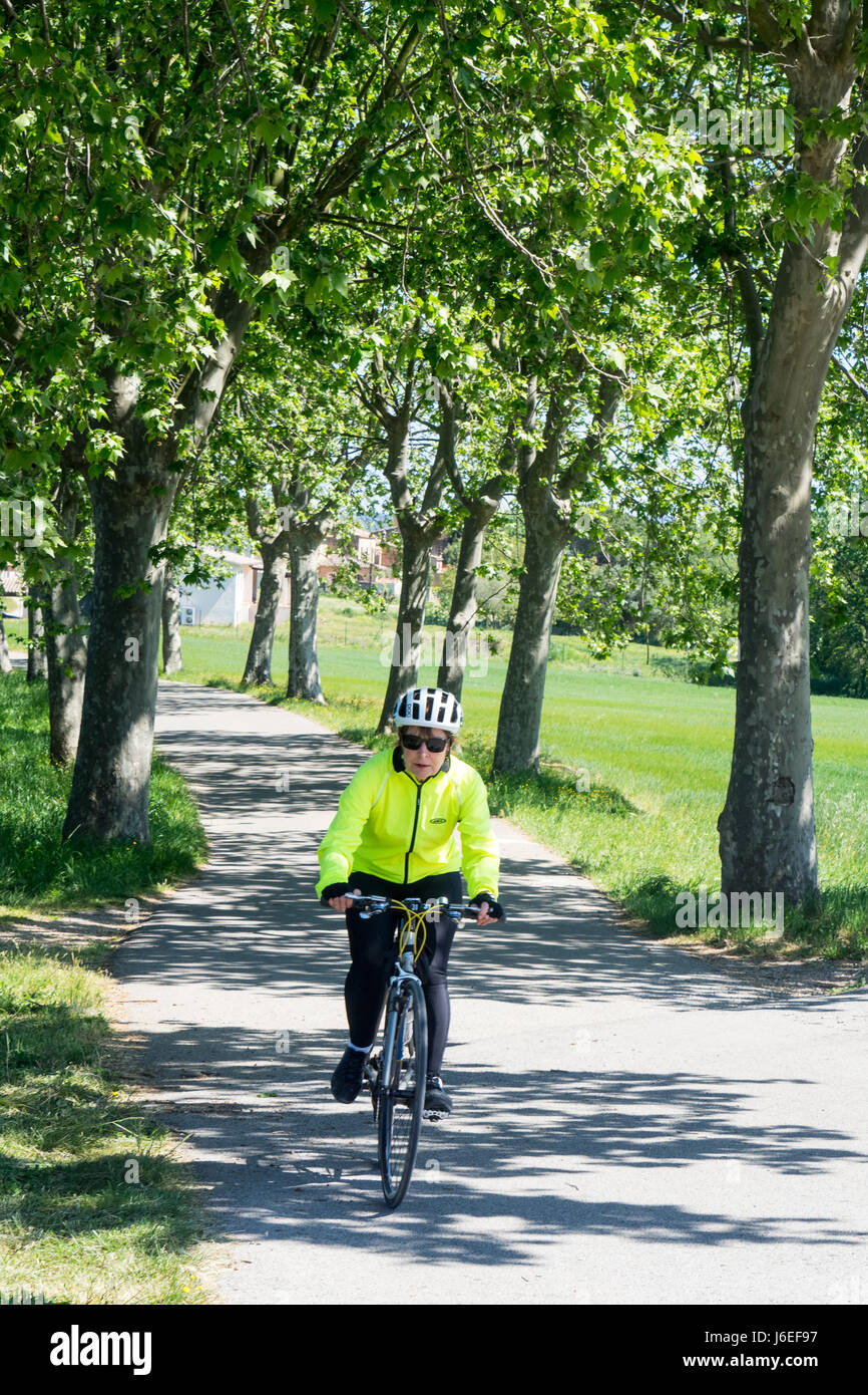 A female touring cyclist riding her titanium bicycle in the countryside ...