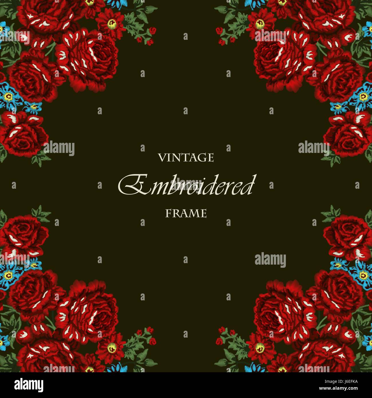 Embroidered floral frame with red ethnic roses and room for text, on ...