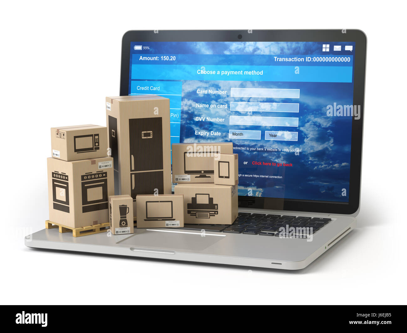 Cardboard boxes with appliaces on PC laptop keyboard. E-commerce ...