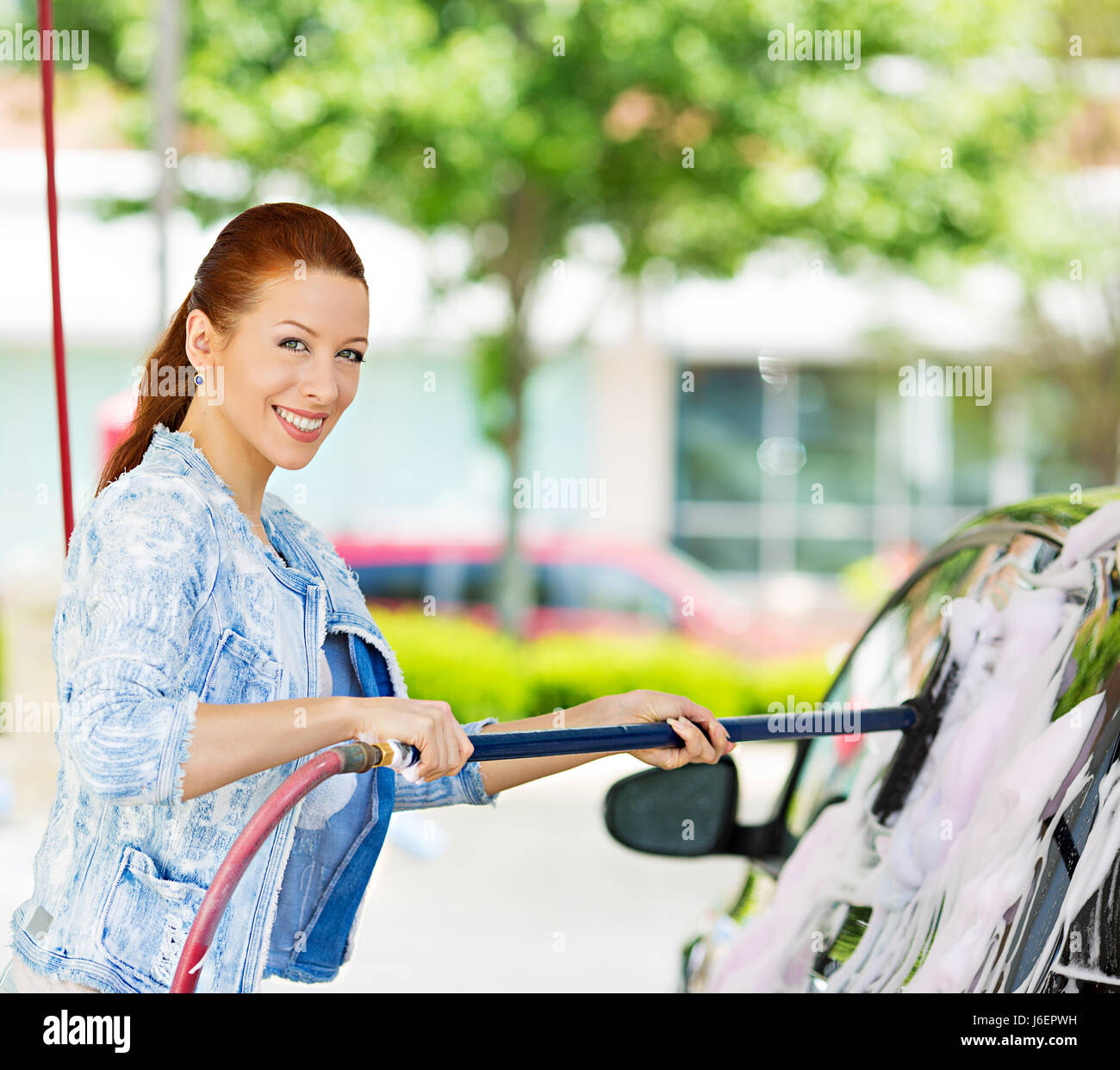 Picture, portrait young, smiling, happy, attractive woman washing ...