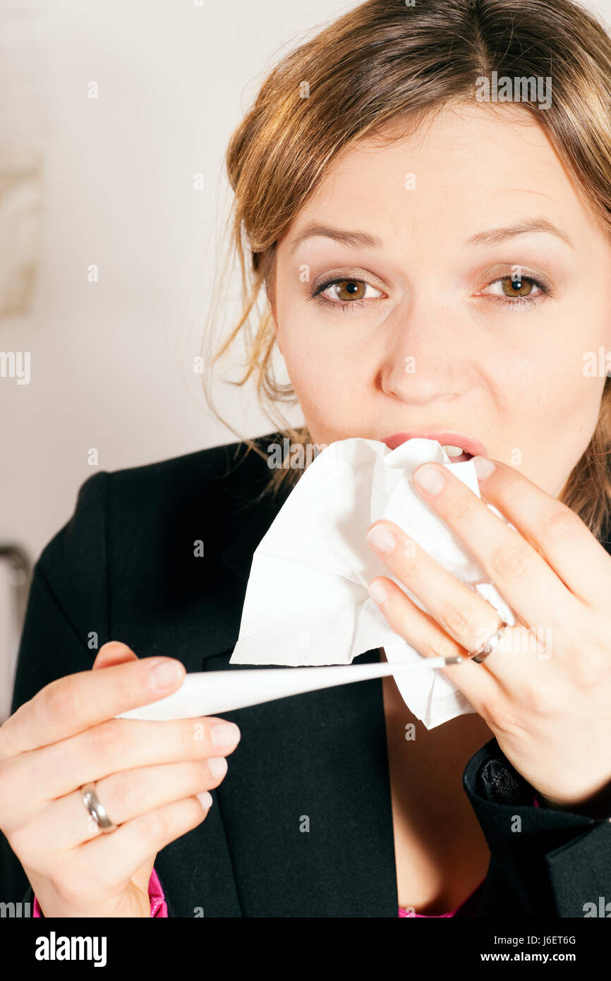 woman cold catarrh fever catch a cold flu disease illness sickness sick ...