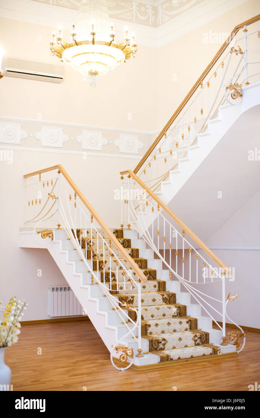 Designers interior huge hall with stairs chandelier and hardwood floors ...