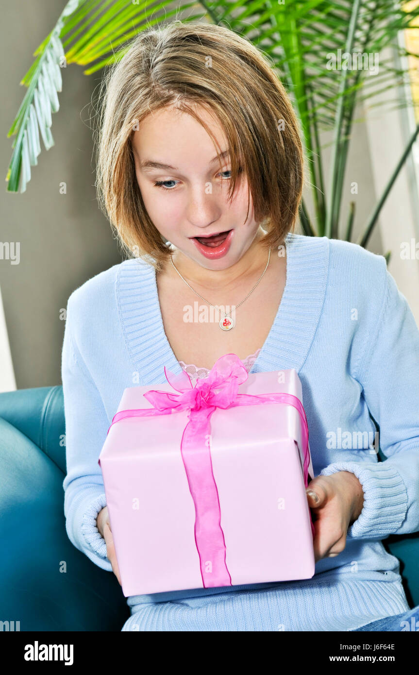 present gift box teenager excited imagining girl girls pink humans ...