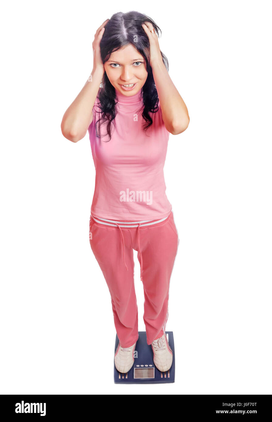 Weight scale woman measure weightloss standing isolated on white Stock ...