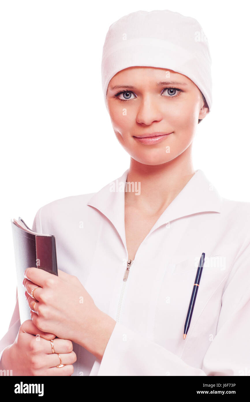 Beautiful young nurse holding file isolated on white Stock Photo - Alamy