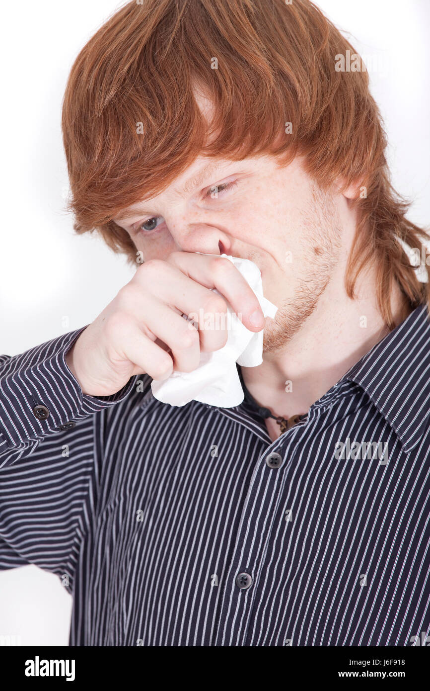redheaded sneeze sneezing epidemic sick ill man hand hands male ...