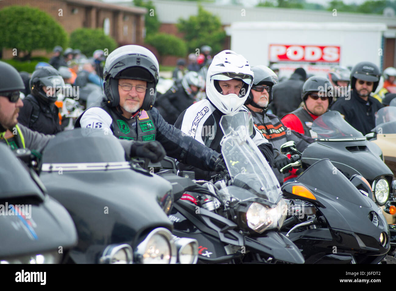 Riders line up on their bikes at the start of the Motorcycle Safety Day ...
