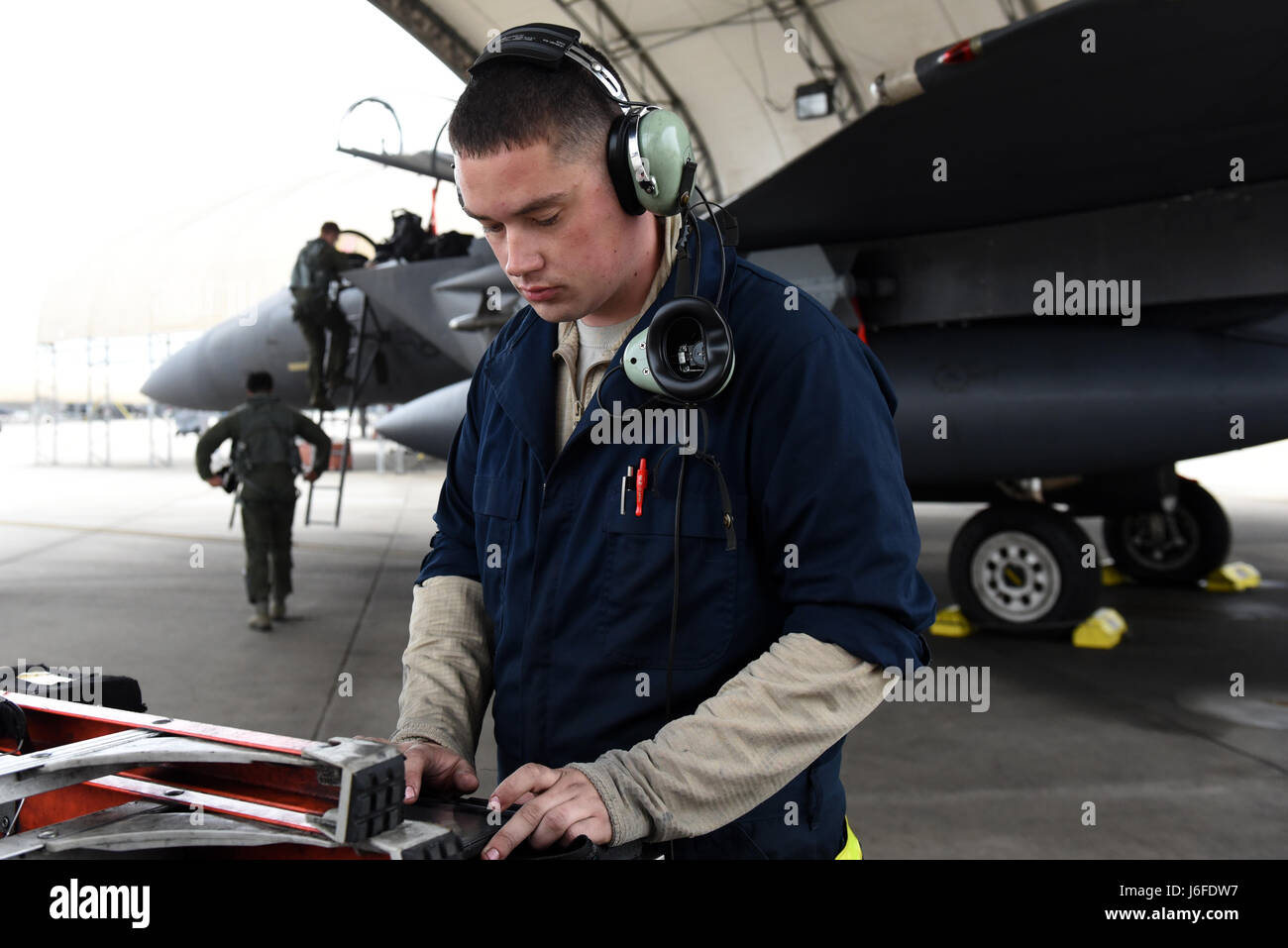Senior Airman Nicholas Vanasse, 4th Aircraft Maintenance Squadron crew chief, conducts a pre ...