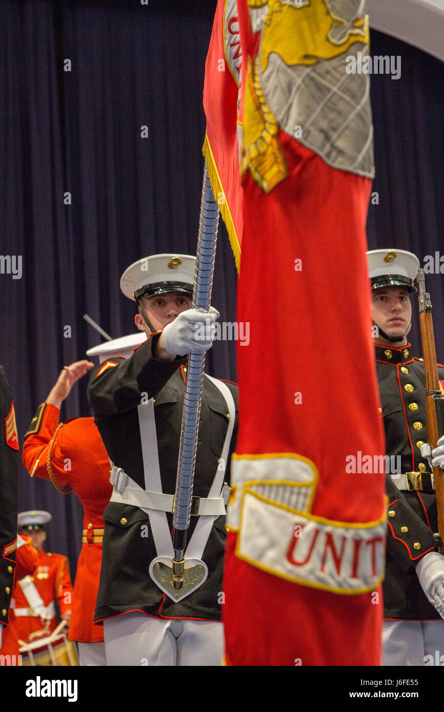 U.S. Marines with the official Marine Corps Color Guard present colors ...