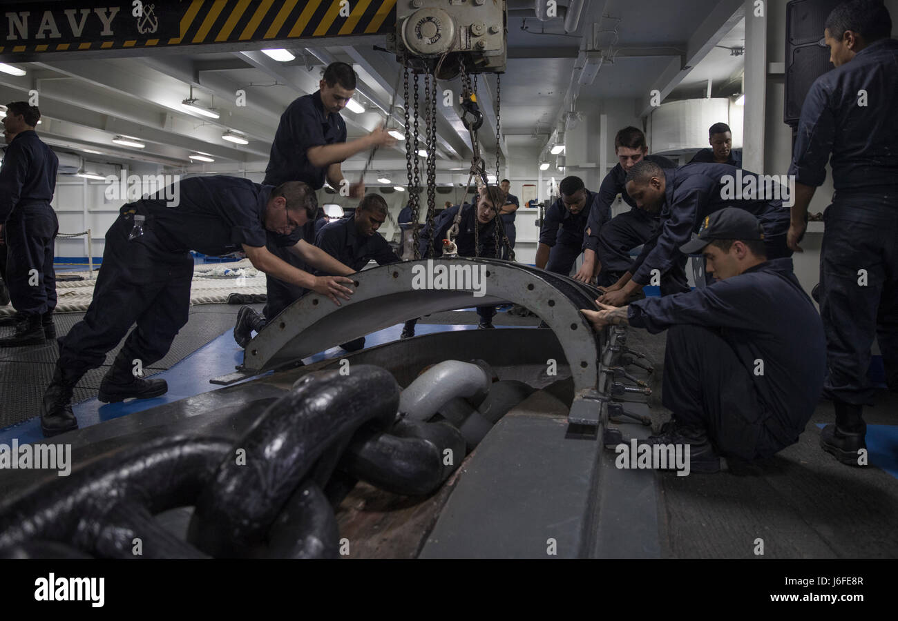 170512-N-1087GH-150 NORFOLK (May 12, 2017) Sailors move a turtleback ...
