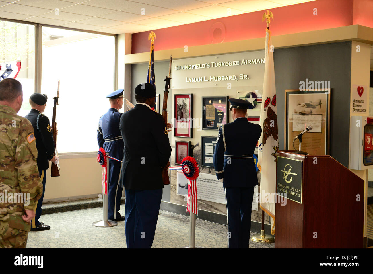 A joint color guard comprised of members of the Illinois Army and Air ...