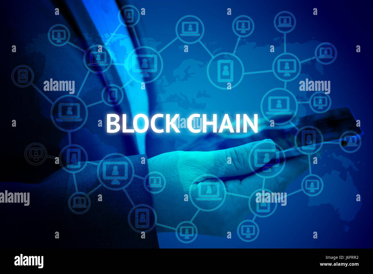 Distributed ledger technology , Business woman hand holding tablet ...