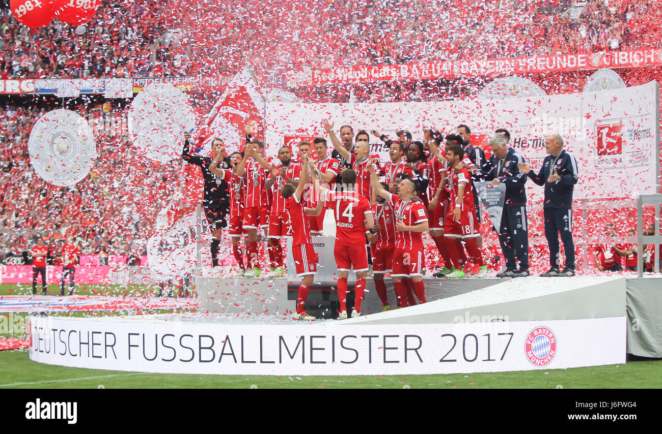 Munich. 20th May, 2017. Bayern Munich's players and coaches celebrate ...