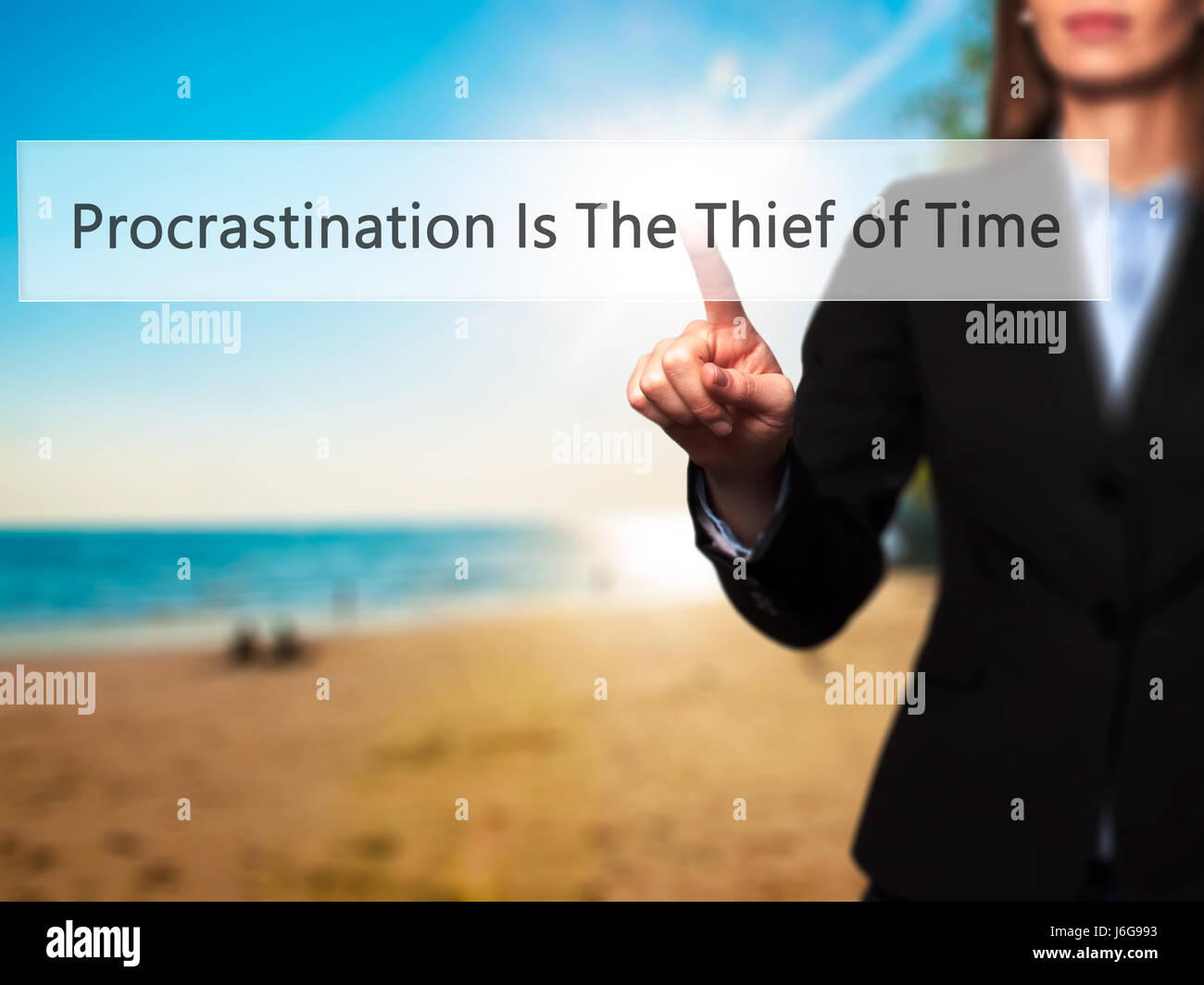 Procrastination Is The Thief of Time - Businesswoman pressing modern ...