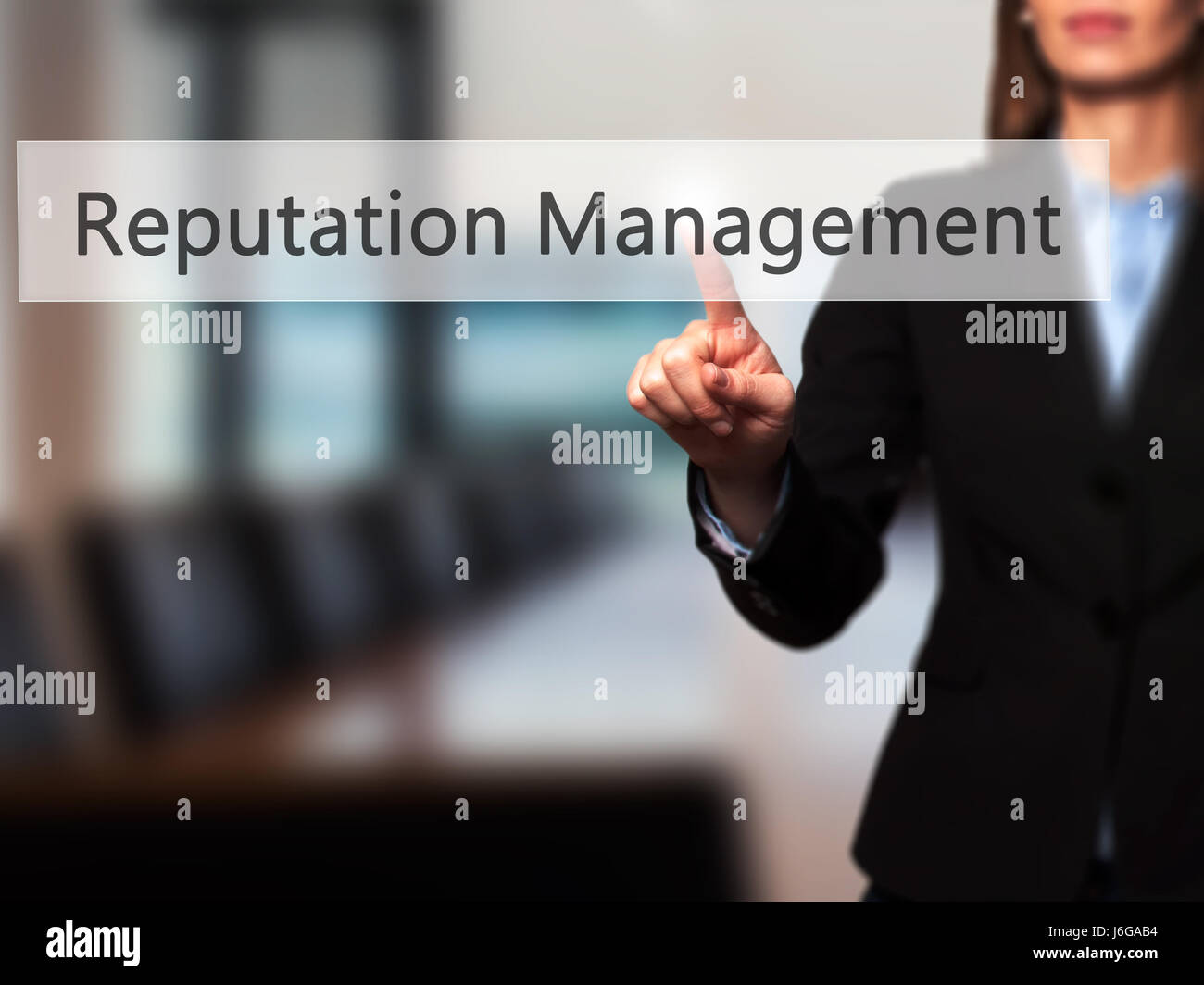 Reputation Management - Businesswoman pressing modern buttons on a ...