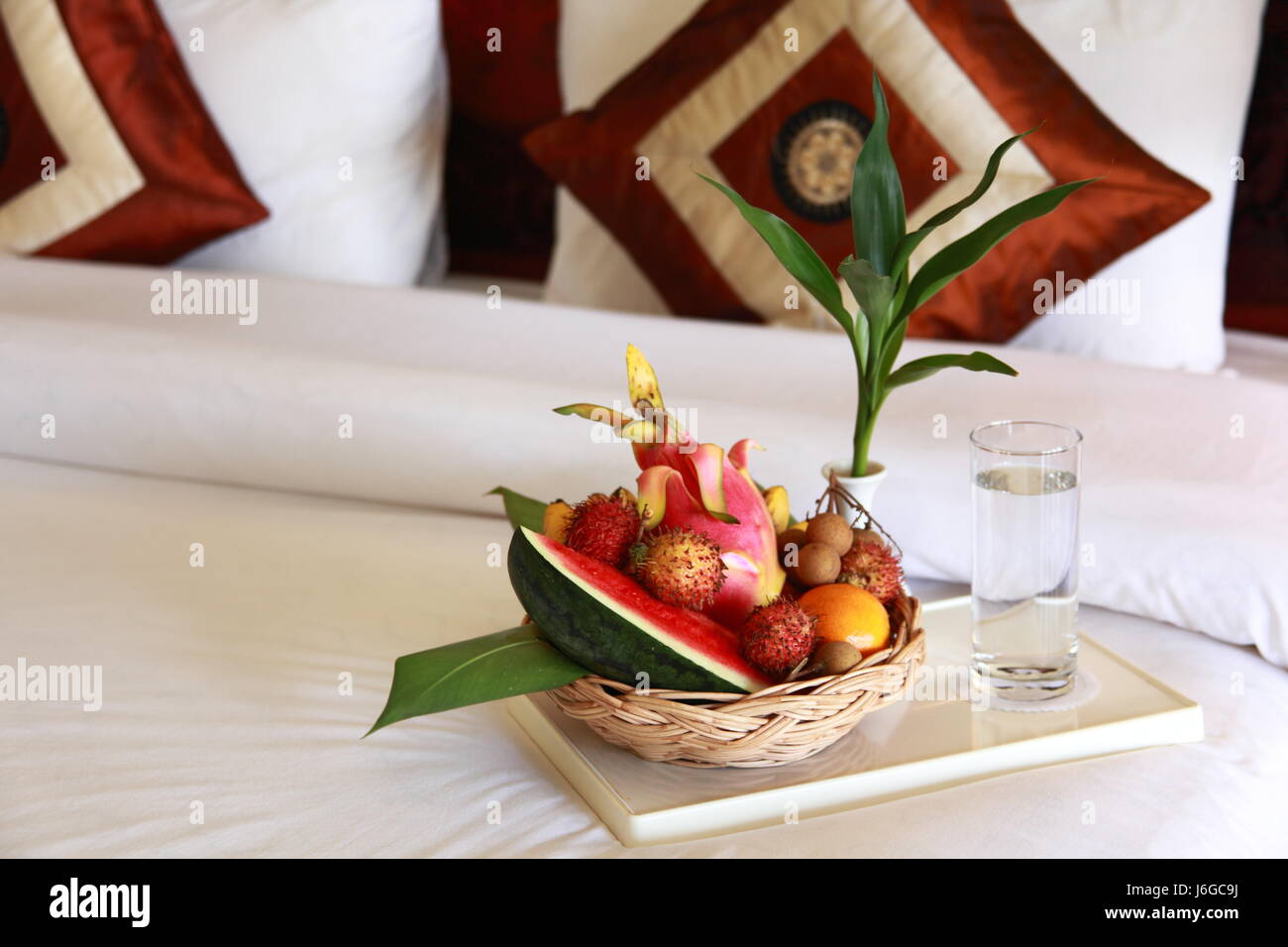 service bed fruit hotel room food breakfeast breakfast service macro ...