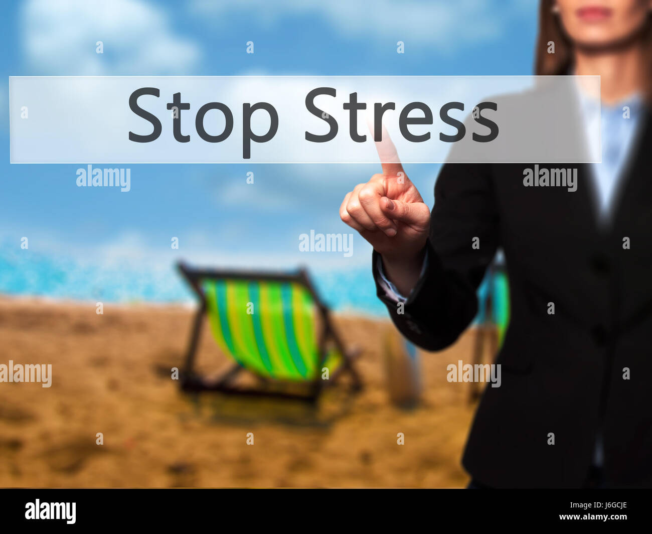 Stop Stress - Businesswoman hand pressing button on touch screen ...