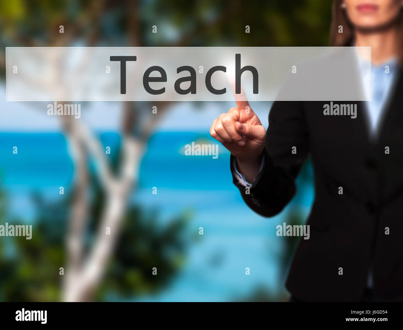 Teach - Businesswoman hand pressing button on touch screen interface ...