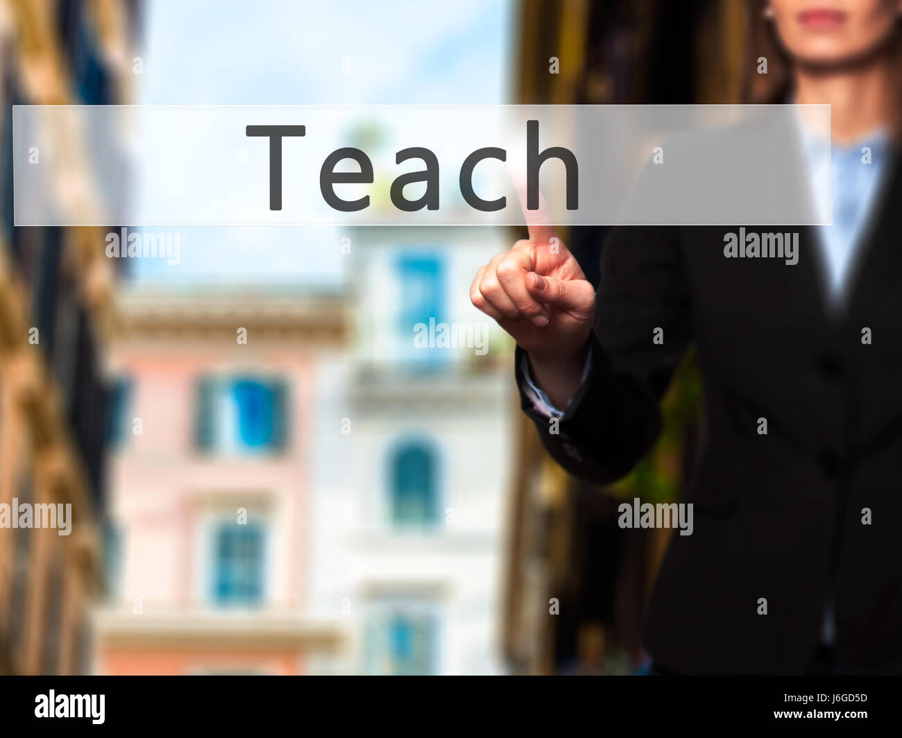 Teach - Businesswoman hand pressing button on touch screen interface ...