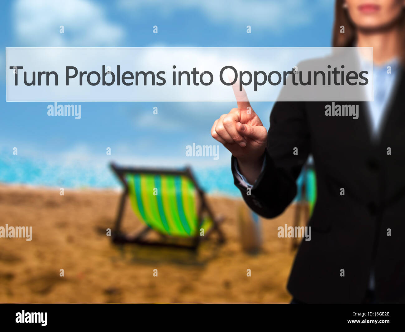 Turn Problems into Opportunities - Businesswoman hand pressing button ...