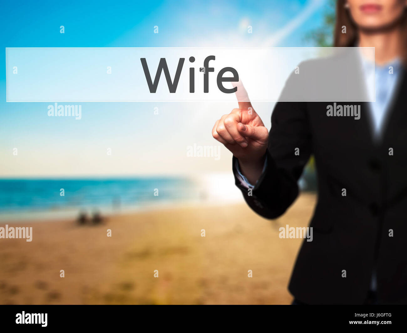 Wife - Businesswoman pressing high tech modern button on a virtual ...
