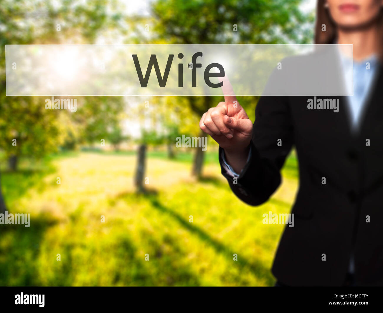 Wife - Businesswoman pressing high tech modern button on a virtual ...