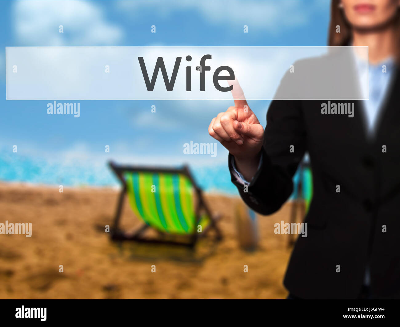 Wife - Businesswoman pressing high tech modern button on a virtual ...