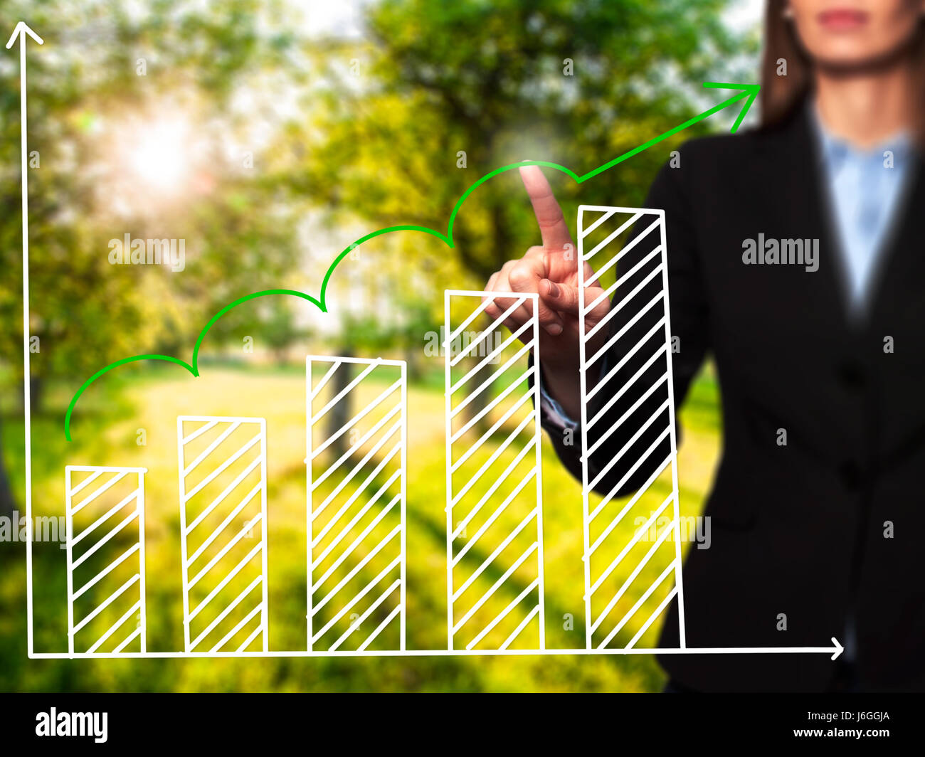 Sales Growth Graph - Businesswoman hand pressing button on touch screen ...