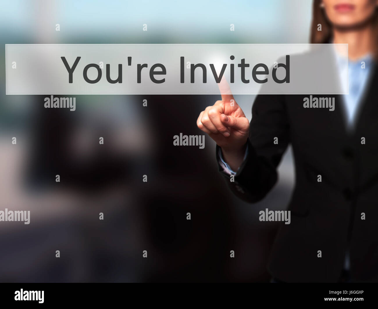 You're Invited! - Businesswoman hand pressing button on touch screen ...