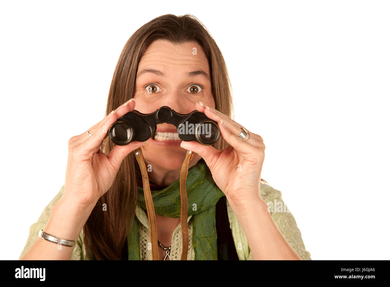 woman female look glancing see view looking peeking looking at spy lens ...